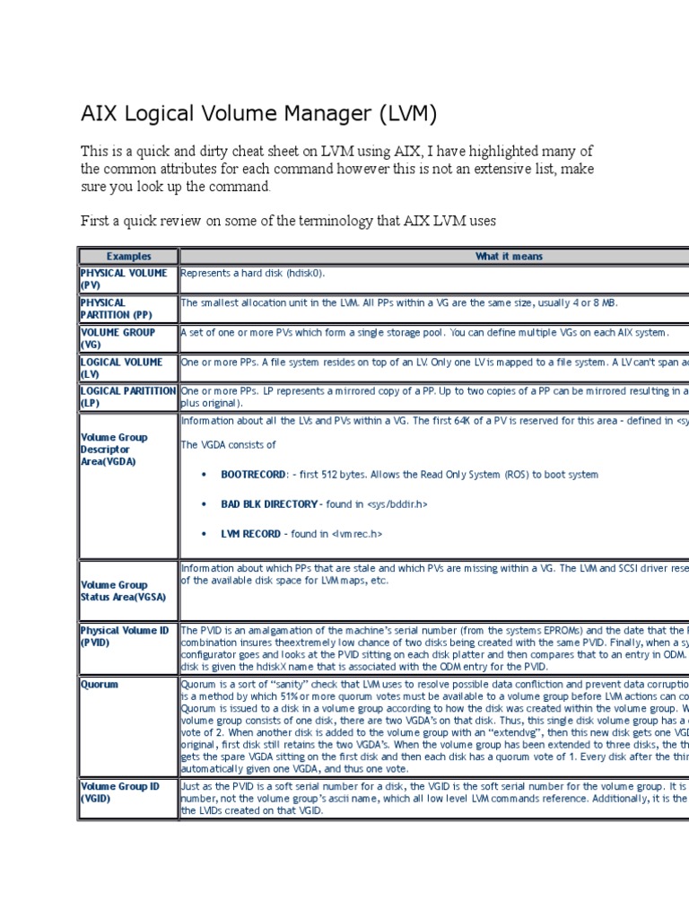 AIX LVM Cheat Sheet for SysAdmins | PDF | Operating System Technology | Computer Data Storage