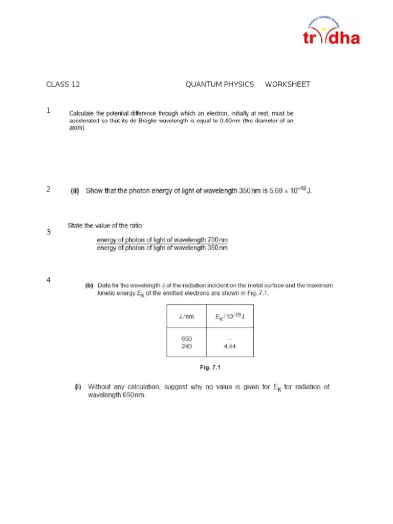 Class 12 Quantum Physics Worksheet | PDF | Modern Physics | Quantum Mechanics