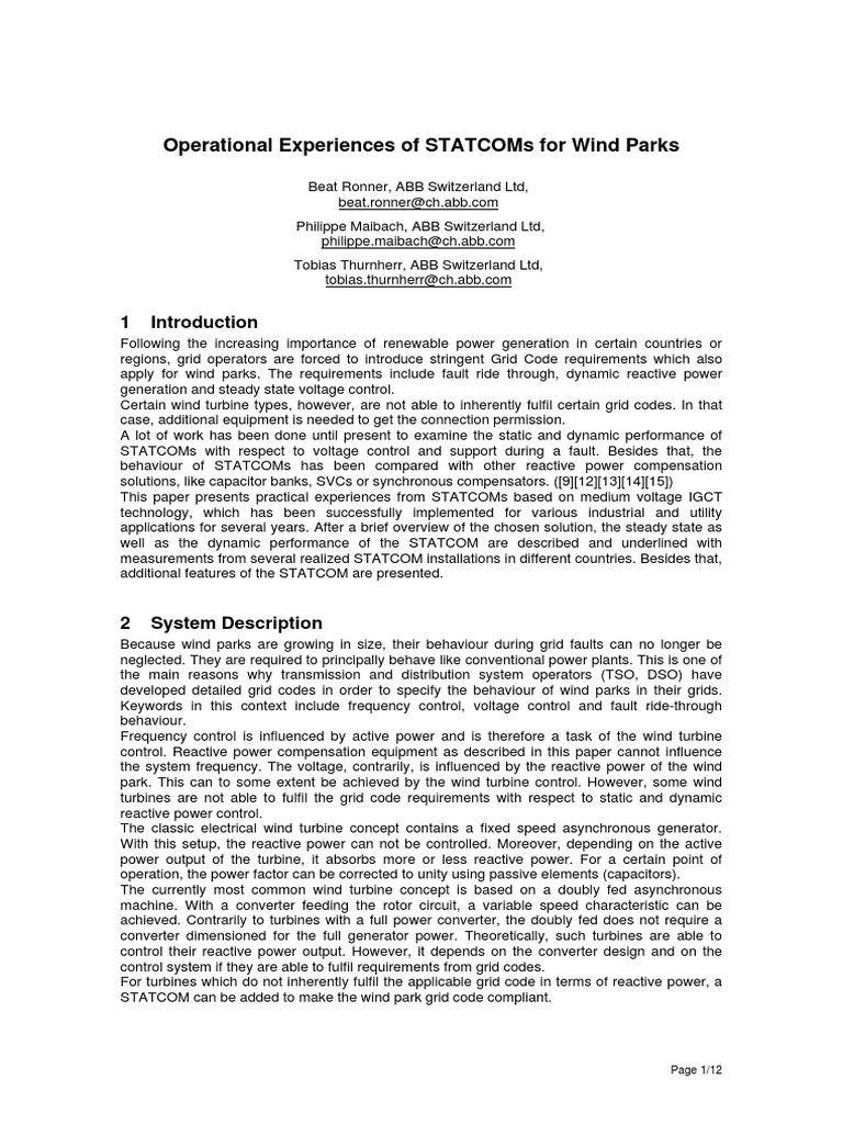 STATCOMs in Wind Parks: Operational Insights | PDF | Electrical ...