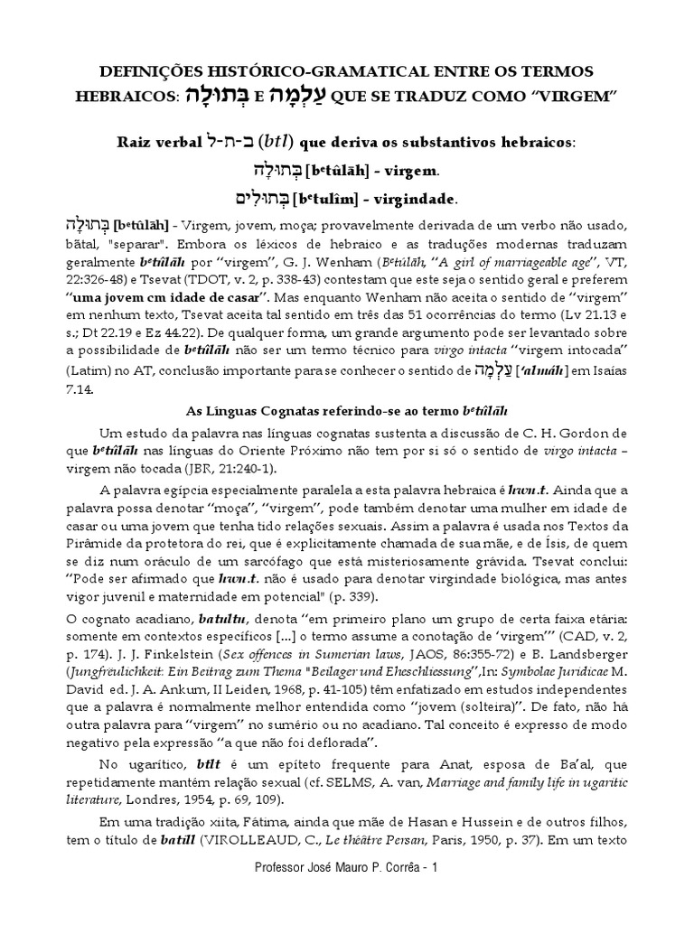 A Diferença Entre Os Termos Hebraicos Betulah e 'Almah | PDF | Judeus ...