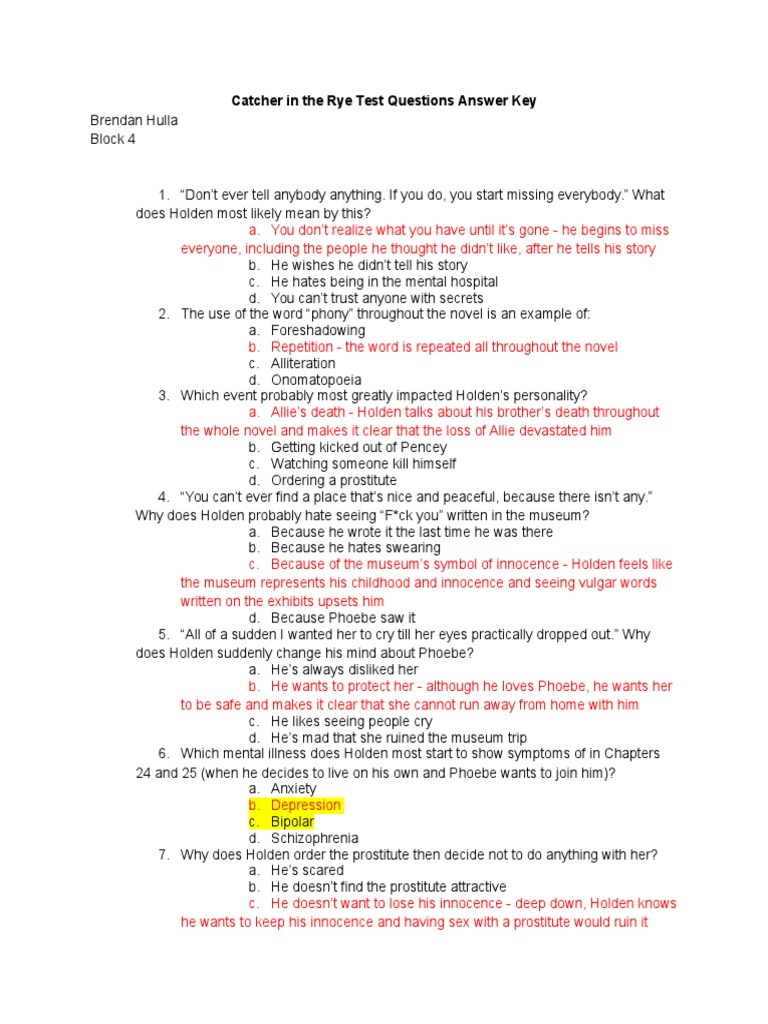 Catcher in the Rye Test Answer Key | PDF | Art | Mystery, Thriller ...