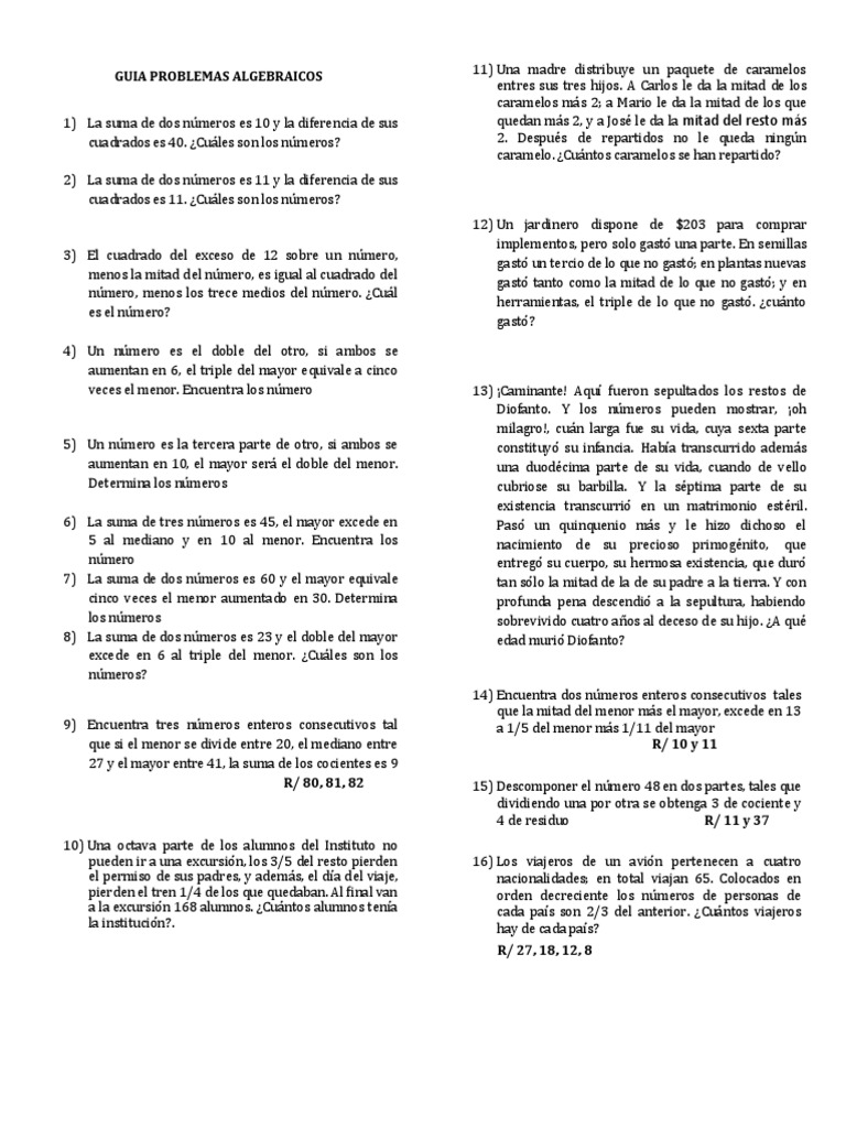 Problemas Algebraicos | PDF | Matemática Elemental | Enseñanza de ...