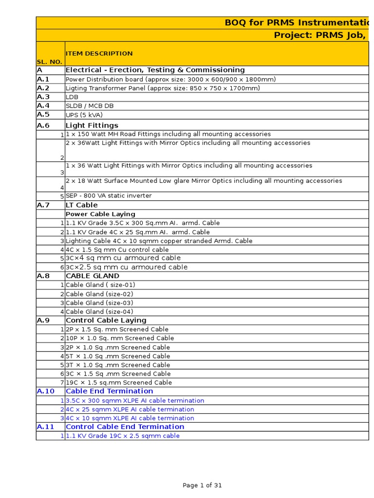 BOQ For PRMS Instrumentation, Electrical & Automation Job B.O.Q Project ...