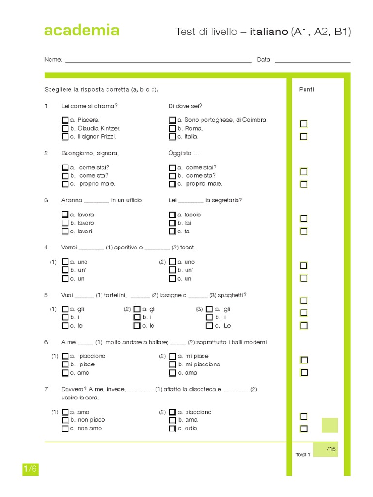 Test Di Livello Italiano A1-B1 PDF | PDF
