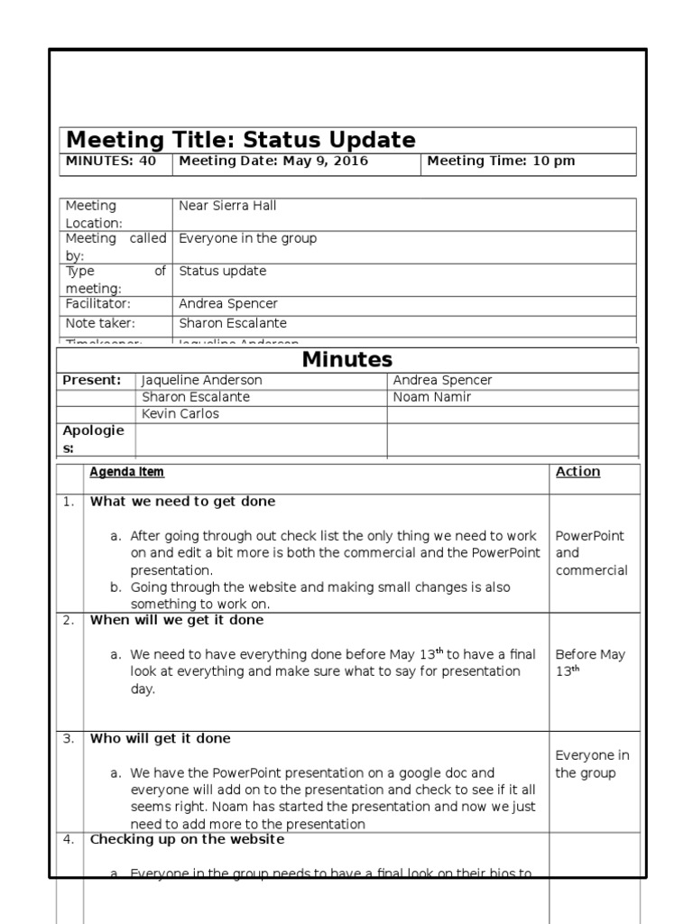Status Update Meeting Minutes - May 2016 | PDF