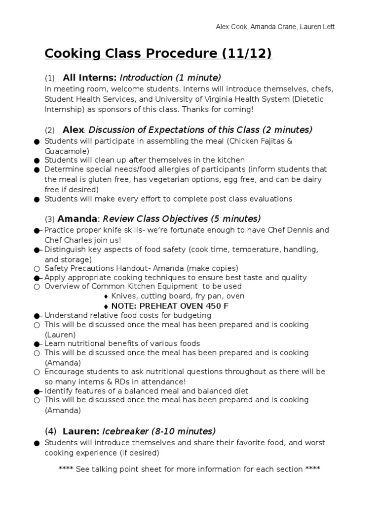 Cooking Class Overview and Procedures | PDF | Chef | Cooking