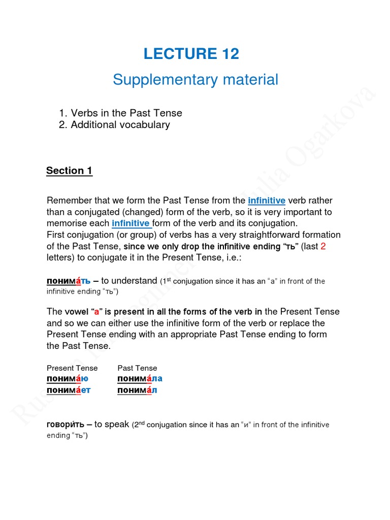 Supplementary Material: 1. Verbs in The Past Tense 2. Additional ...