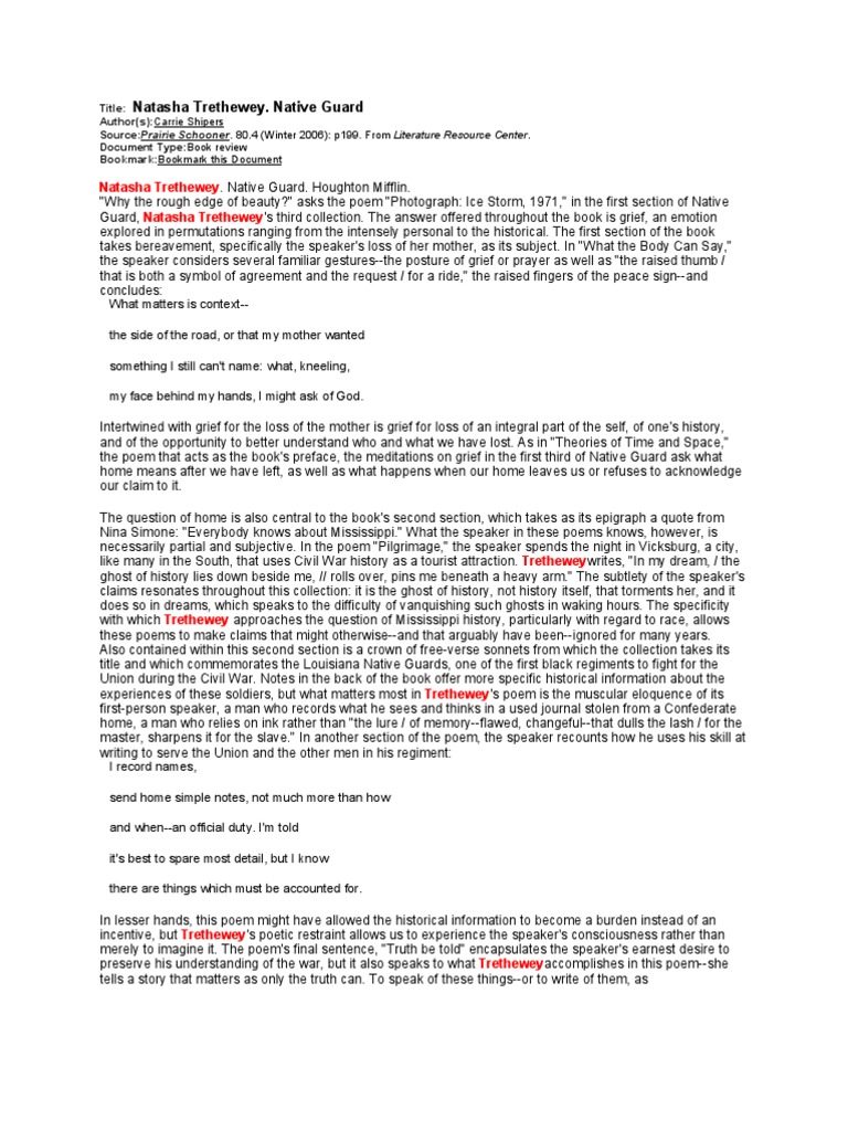 "Natasha Trethewey. Native Guard." by Carrie Shipers | Grief | Poetry