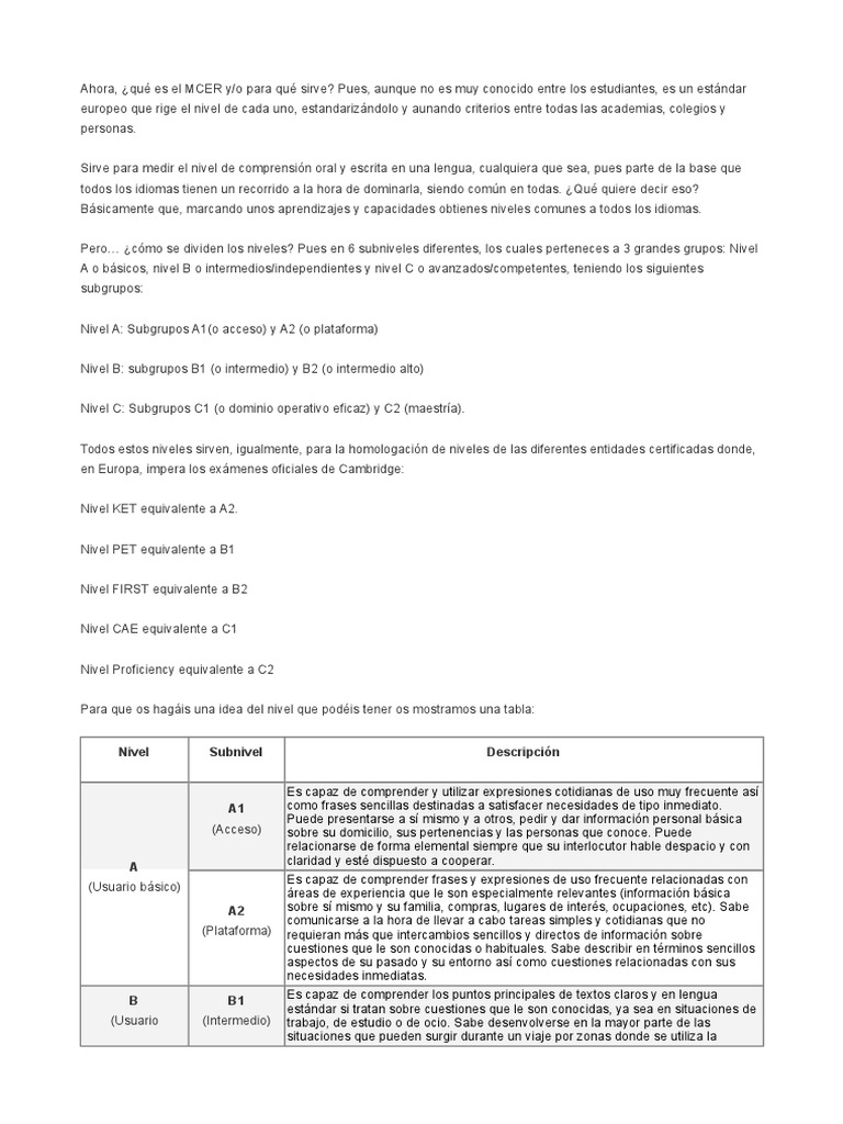 MCER Marco Comun Europeo de Referencia | PDF | Lectura (proceso ...