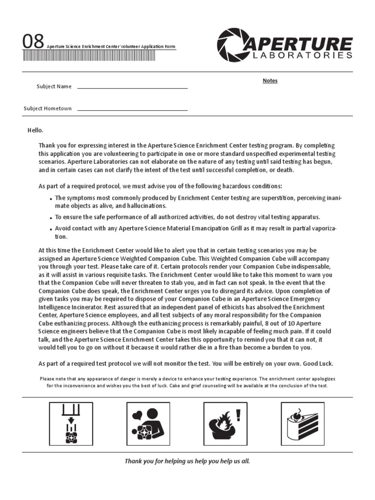 Aperture Science Enrichment Center Volunteer Application Form | PDF ...
