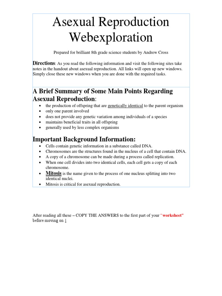 Asexual Reproduction Webquest Perfected | PDF | Reproduction | Mitosis