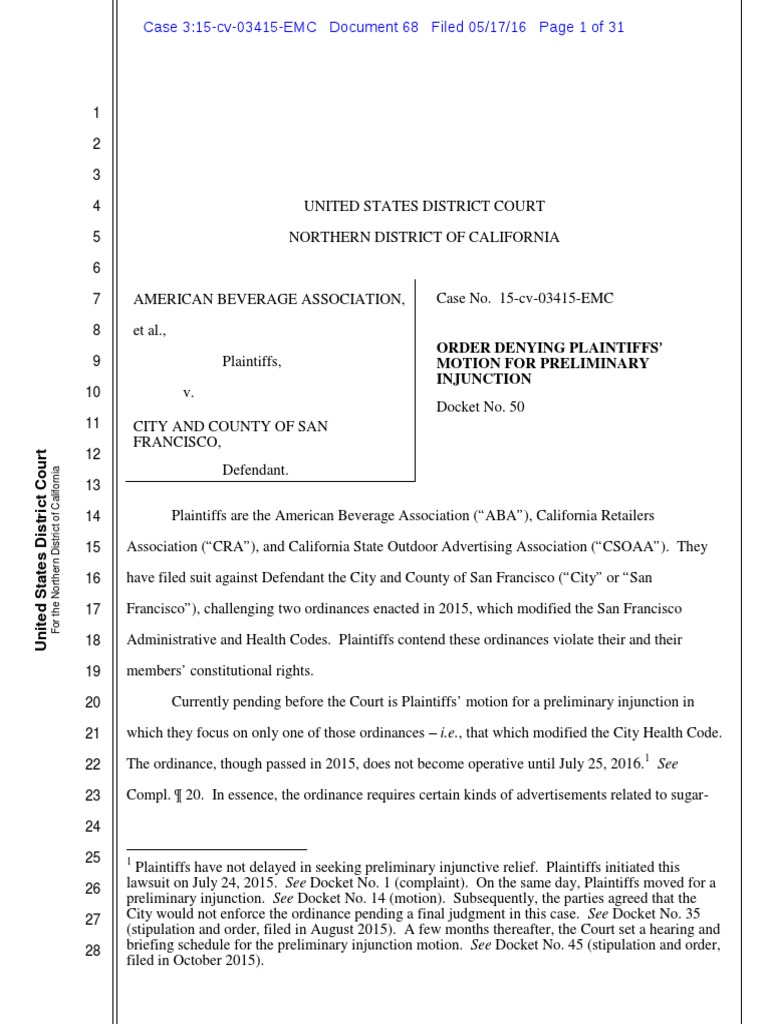 Order Denying ABA's Motion For Preliminary Injunction Against SF Soda ...