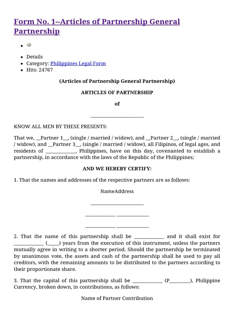 Form No. 1 - Articles of Partnership General Partnership Philippines ...