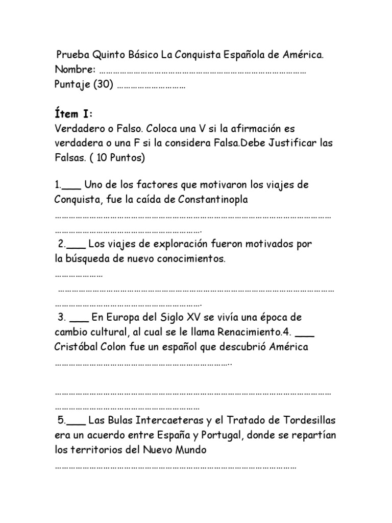 Prueba Quinto Básico La Conquista Española de América | PDF | Cristobal ...