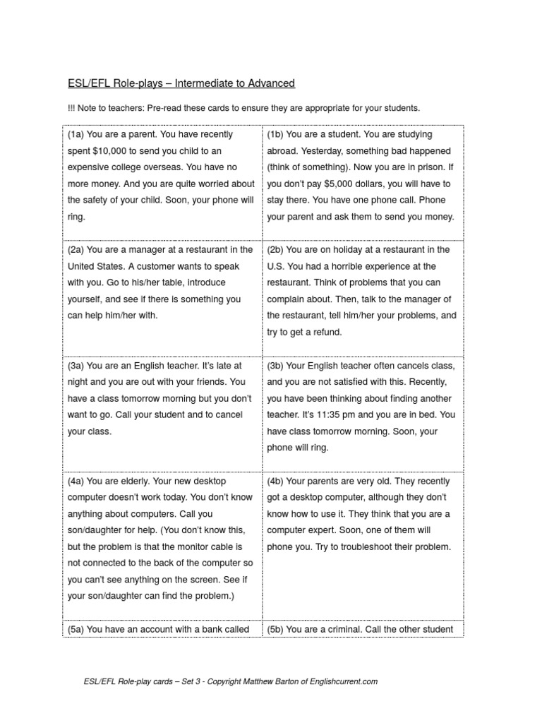 ESL Roleplay Cards Advanced Intermediate 3 | PDF | English As A Second ...