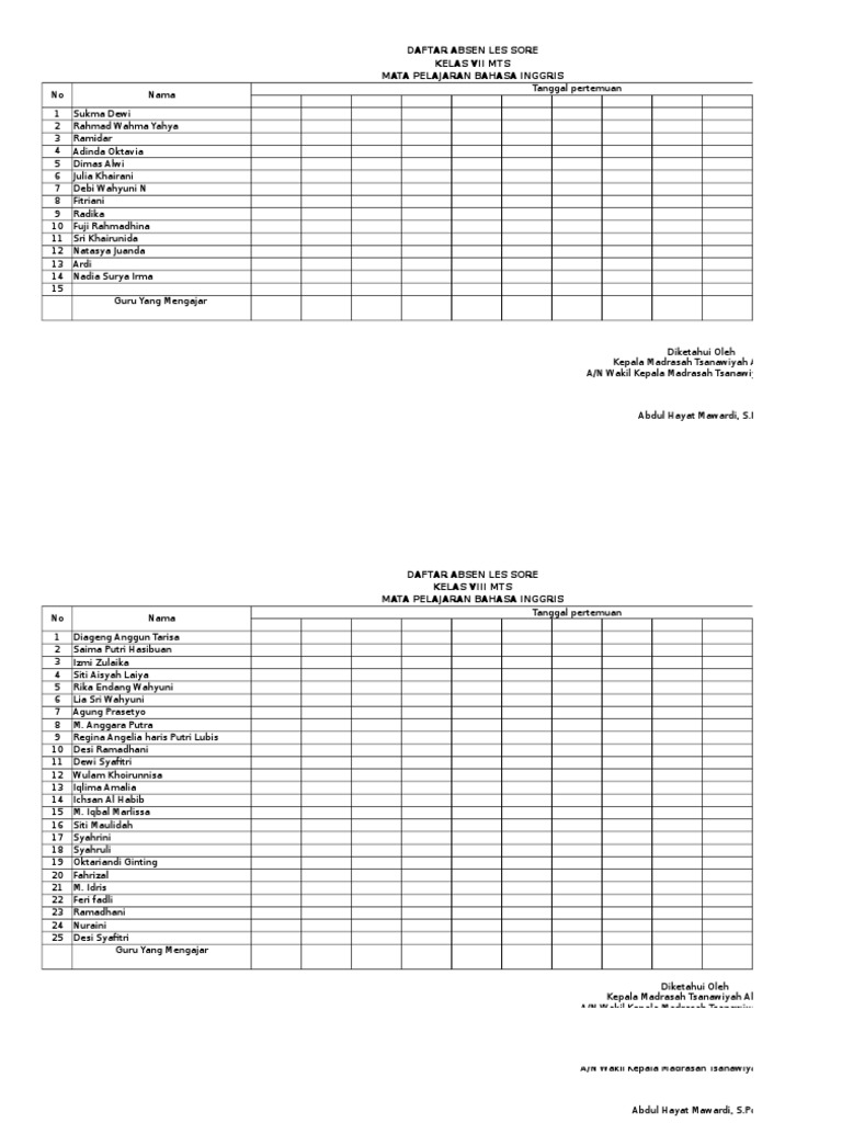 Absen Les Bahasa Inggris | PDF