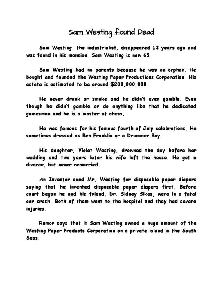 Sam Westing Found Dead at 65 | PDF | Mystery, Thriller & Crime Fiction