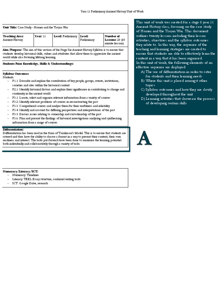Unit of Work - Year 11 Preliminary Ancient History Evidence | PDF ...