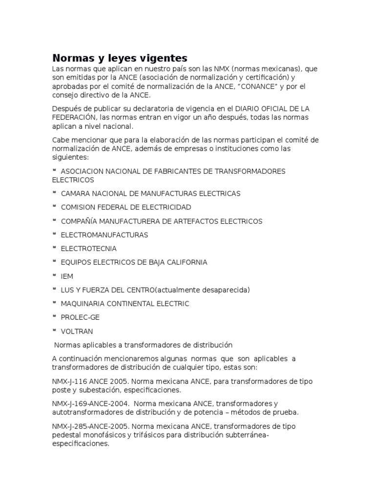 Normas y Leyes Vigentes | PDF | Corriente eléctrica | Transformador