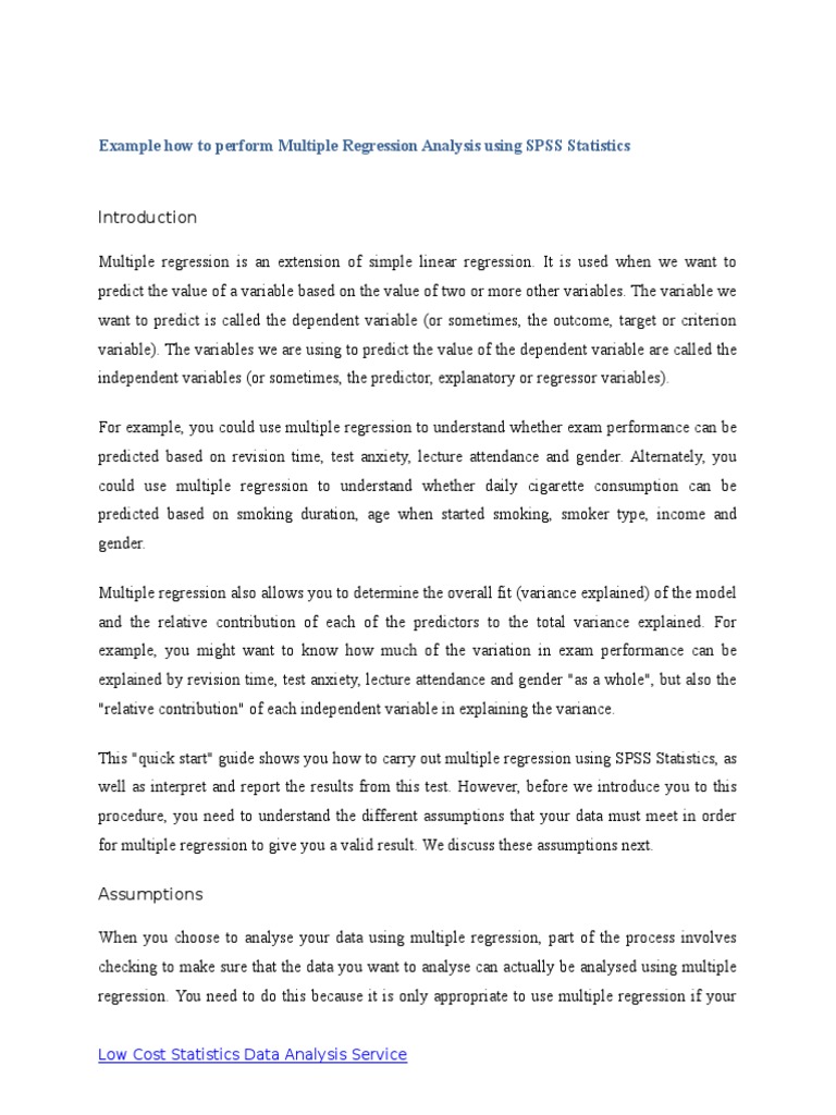 Example How To Perform Multiple Regression Analysis Using Spss Statistics Pdf Regression