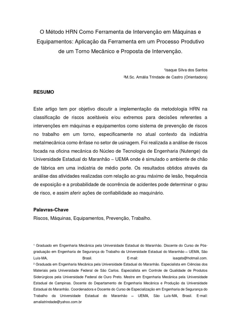 O Método HRN Como Ferramenta de Intervenção | PDF | Máquina-ferramenta ...