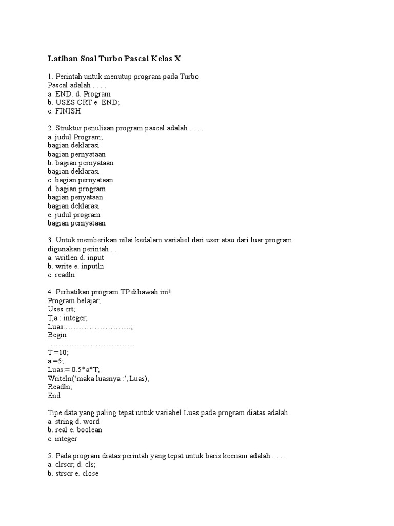 Latihan Soal Turbo Pascal Kelas X | PDF | Komputer