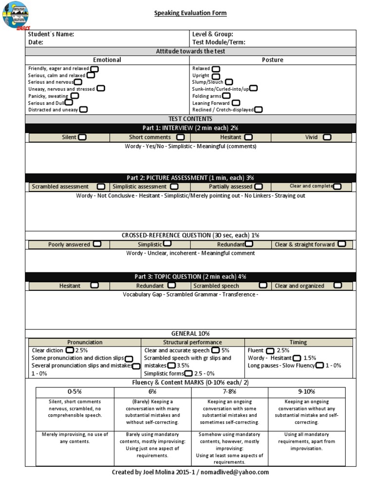 SPEAKING Evaluation Form B1-B1+ 2015 | PDF