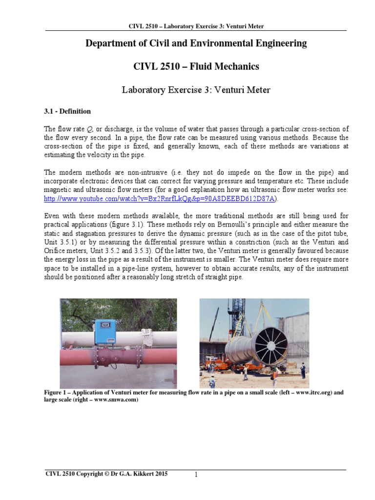 CIVL 2510 - LAB3 - Venturi Meter PDF | PDF | Flow Measurement | Fluid Dynamics