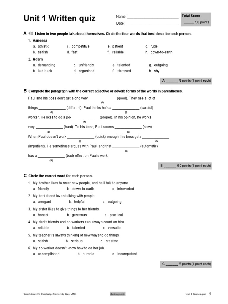 Touchstone 3 2nd Edition Unit 1 - Written Quizz | PDF