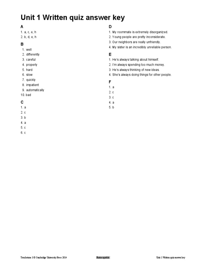Touchstone 3 2nd Edition - Unit 1 Written Quizz Answer Key | PDF ...