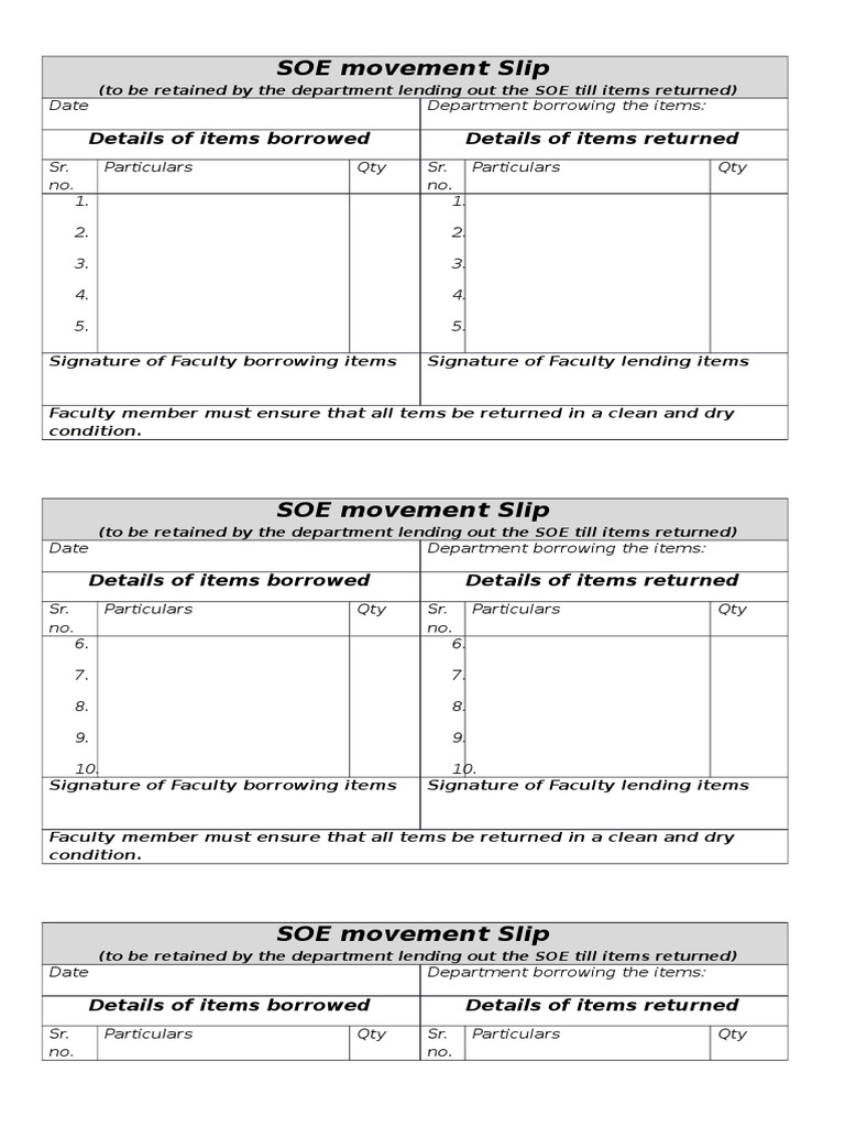 SOE Movement Slip: Details of Items Borrowed Details of Items Returned ...