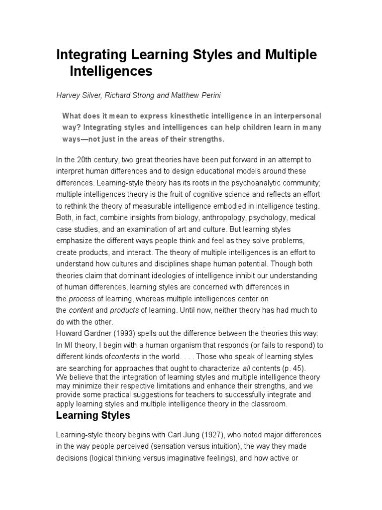 Integrating Learning Styles and Multiple Intelligences | PDF | Intelligence | Learning Styles
