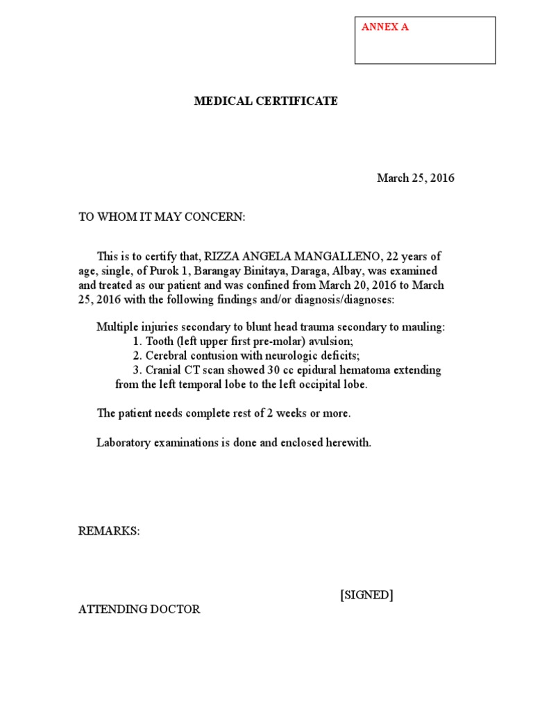 Medical Certificate for Head Trauma | PDF