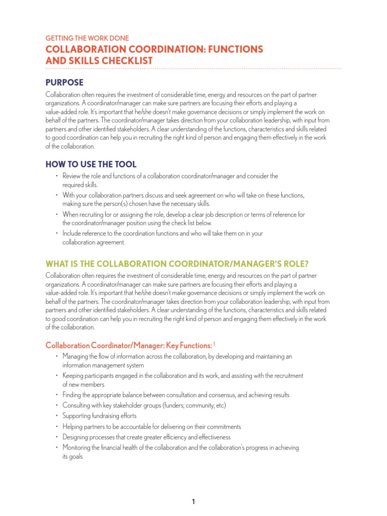 Collaboration Coordination: Functions and Skills Checklist: Purpose ...