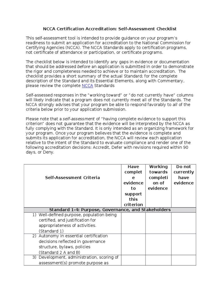 NCCA Self-Assessment Checklist | Professional Certification ...