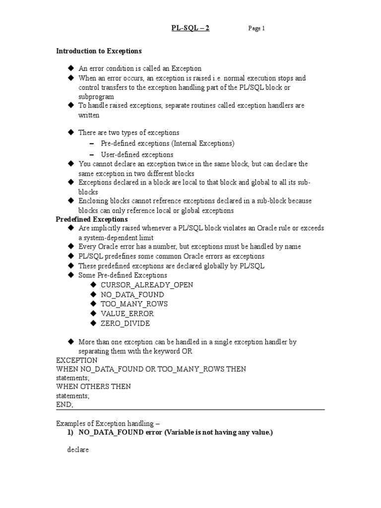 PL-SQL - 2 Introduction To Exceptions | PDF | Pl/Sql | Information ...