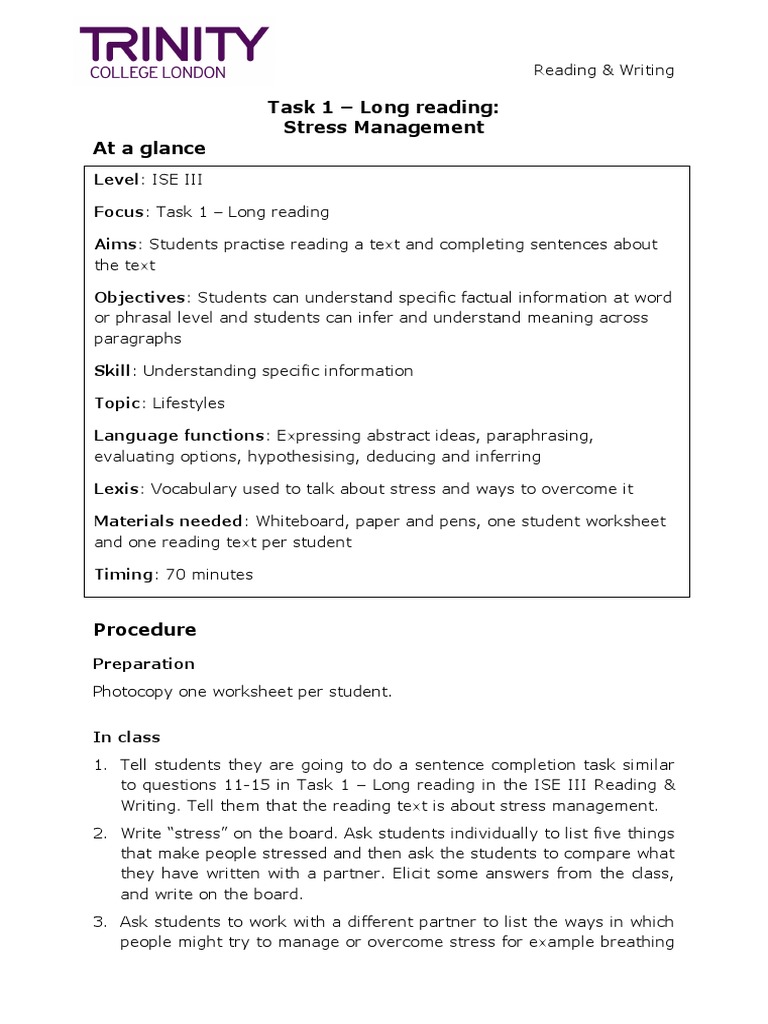 ISE III - Task 1 - Long Reading - CA1 (Stress Management) | PDF ...