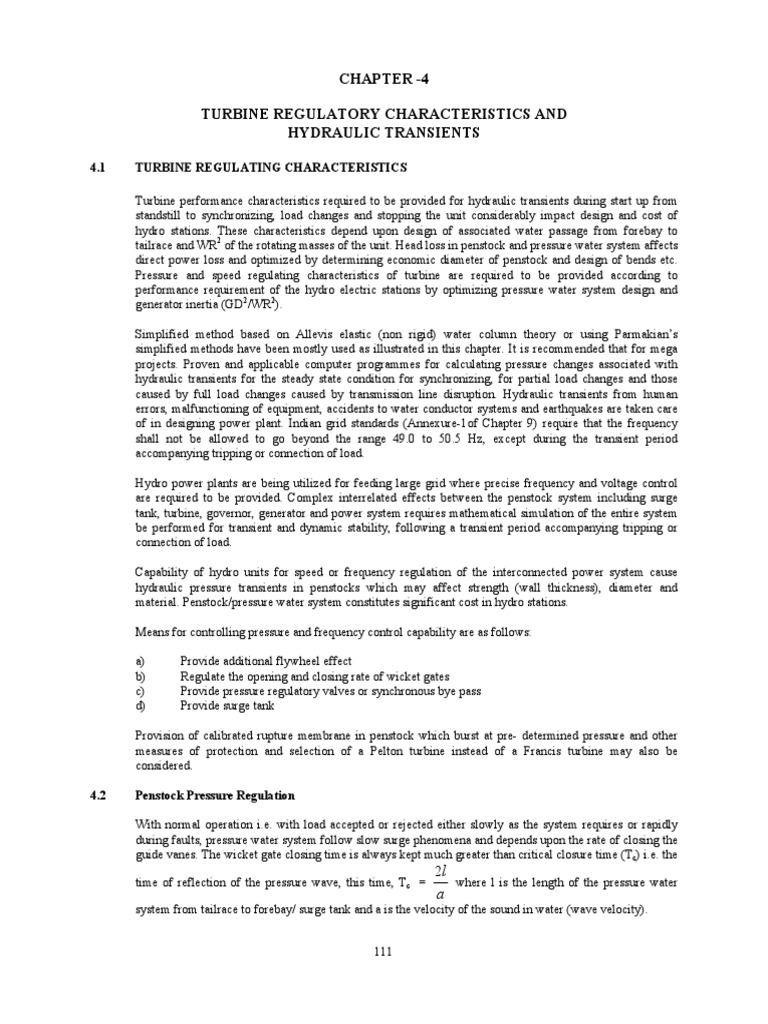 Chapter-4 Turbine Regulatory Characteristics and Hydraulic Transients | PDF | Power Station ...