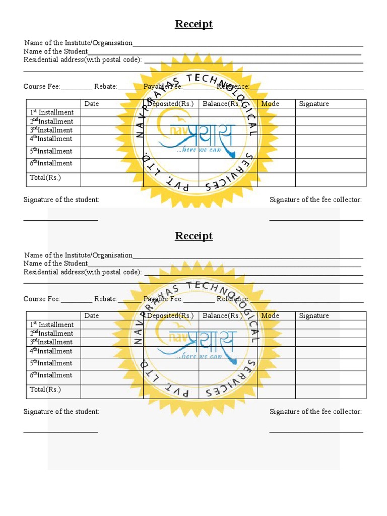 Tuition Fee Receipt Template in Word Format | PDF