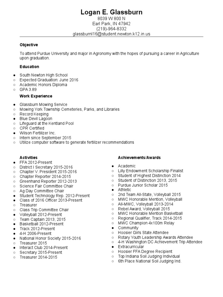 Student Ambassador Resume: Logan Glassburn | PDF