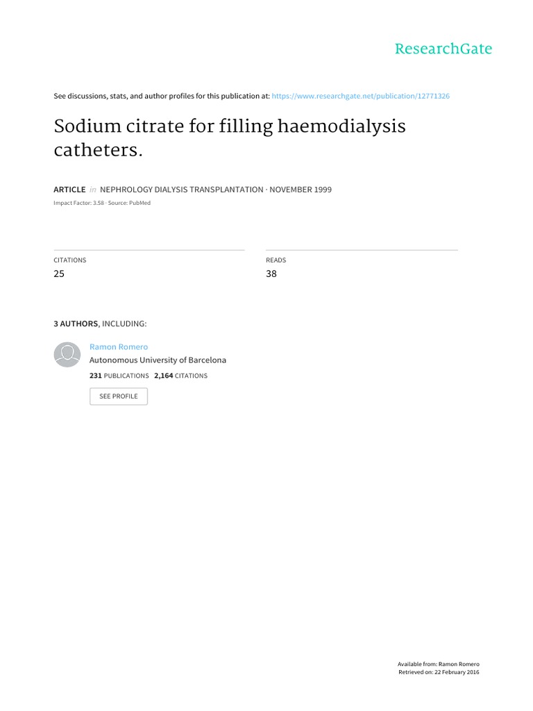 Sodium Citrate For Filling Haemodialysis Catheters.: Nephrology ...