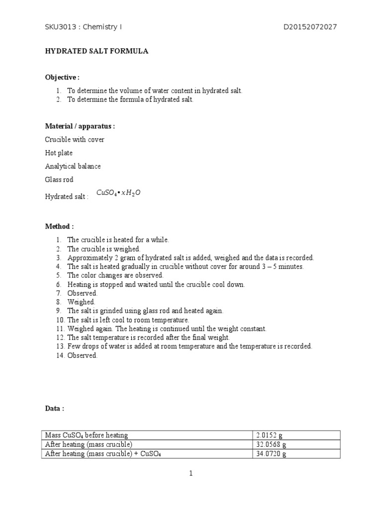 Exp 4 - Hydrated Salt Formula | Mole (Unit) | Atoms