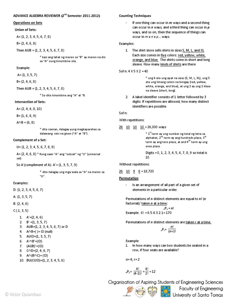 Advanced Algebra Finals Reviewer Part I | PDF | Mathematical Concepts | Mathematical Objects