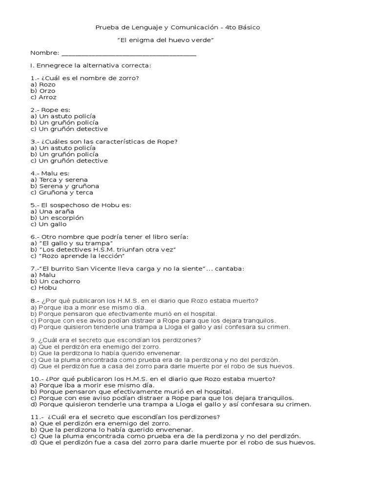 Prueba de Libro "El Enigma Del Huevo Verde" | PDF | Violencia