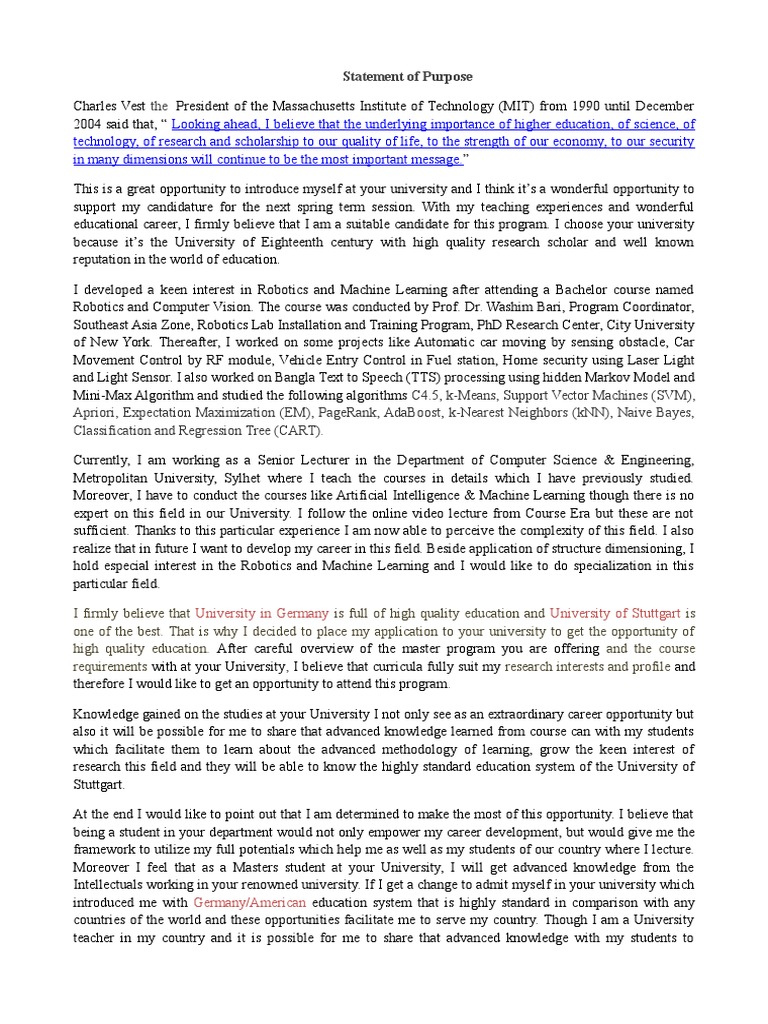 Motivation Letter | Robotics | Education In The United States