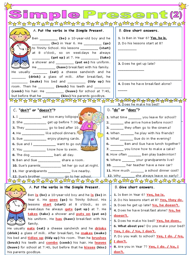 Put The Verbs in The Simple Present. - Give Short Answers | PDF | Lunch ...