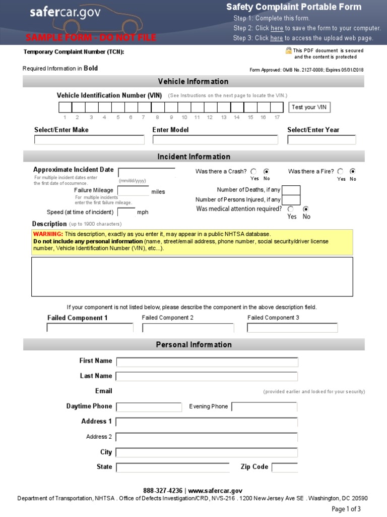 NHTSA Safety Complaint Form | National Highway Traffic Safety ...