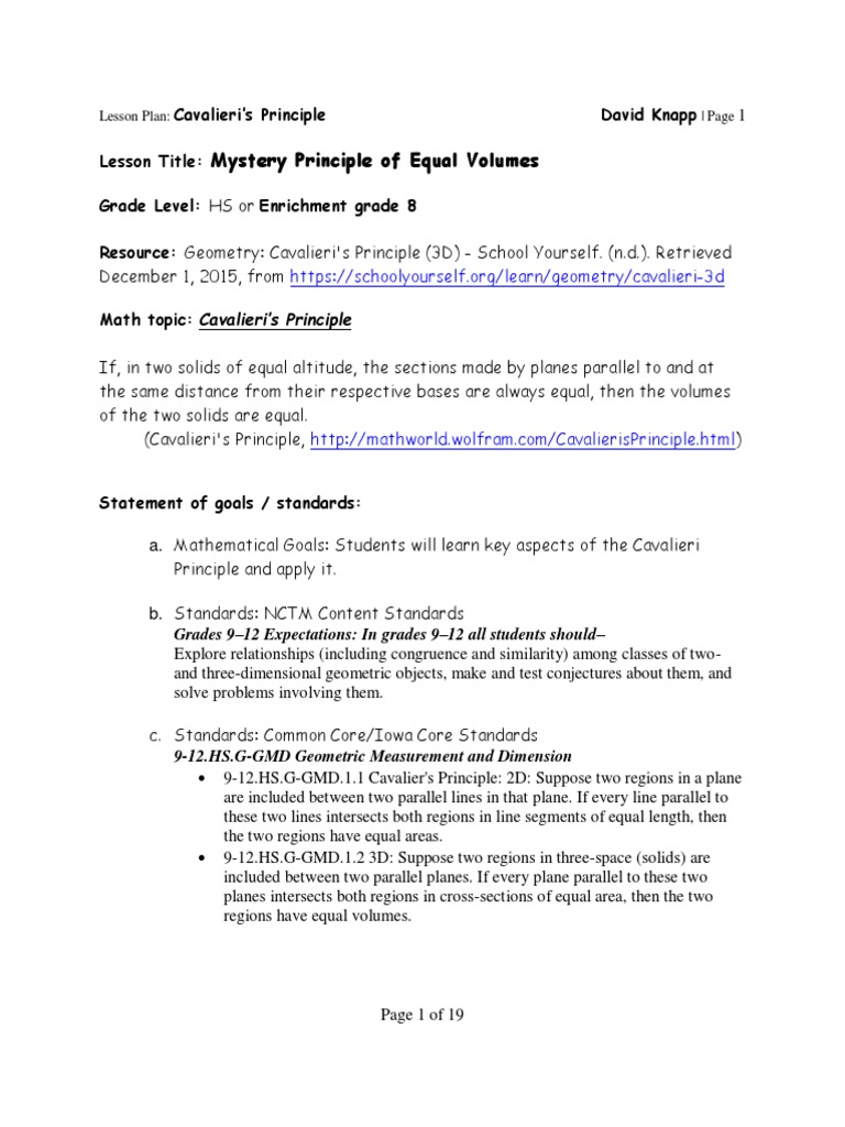 Lesson Plan on Cavalieri's Principle | PDF | Geometry | Area