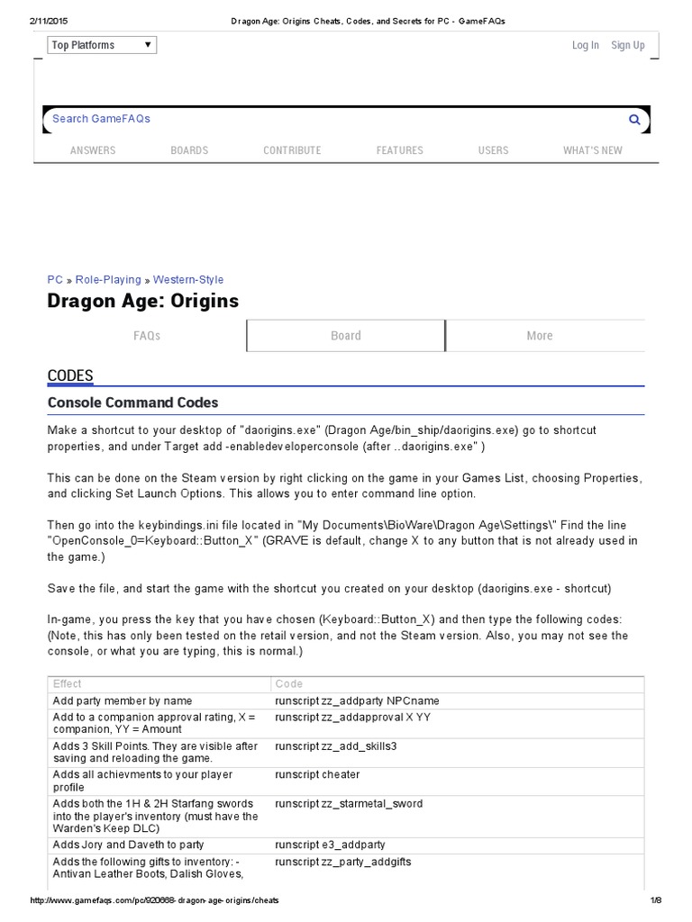 Dragon Age - Origins Cheats, Codes, and Secrets For PC - GameFAQs | PDF ...