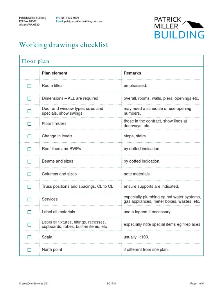 Working Drawing Checklist: Floor Plans, Elevations, Sections, Site Plan, and Footing Details for ...